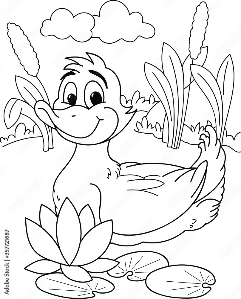Coloring page outline of cartoon smiling cute girl duck. Colorful ...