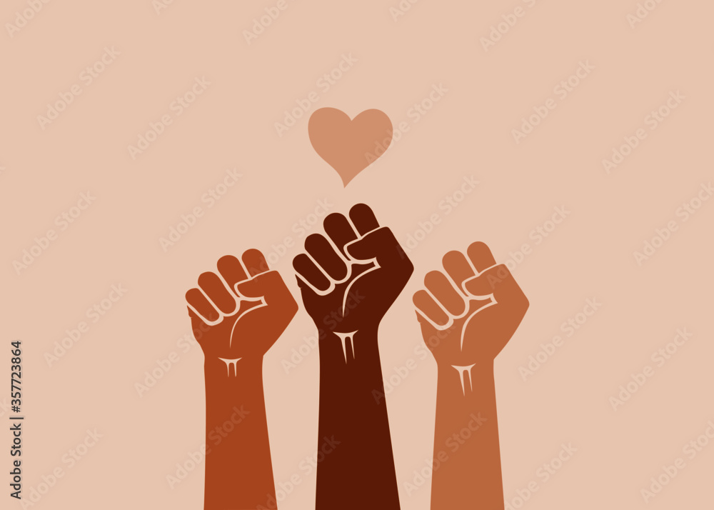 Black Lives Matter. Multiracial human hands raised with clenched fists ...