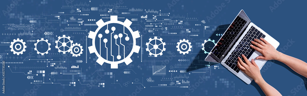 Automation concept with woman using a laptop computer Stock Photo ...