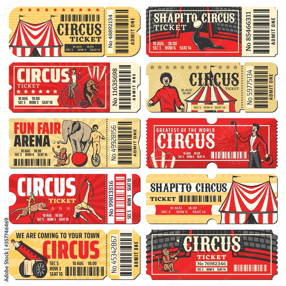 Circus ticket vector templates of chapiteau carnival show. Vintage ...