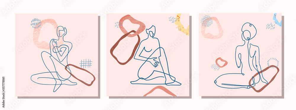 Vector set of collage modern poster with abstract shapes and one line ...