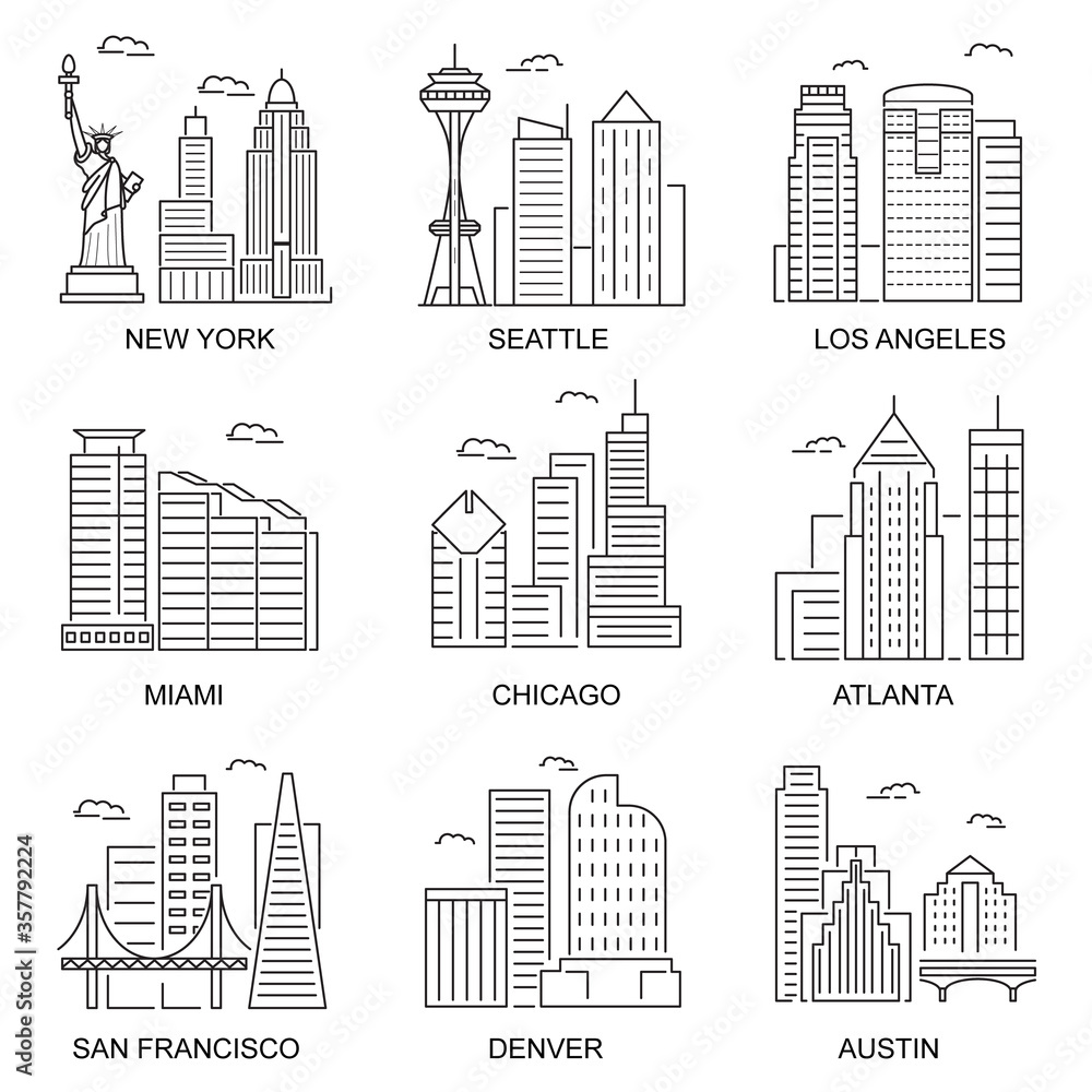 Usa Cities Sign Contour Linear Icon Set. Vector Stock Vector | Adobe Stock