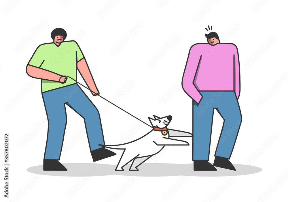 Dog attack man during walk with owner. Cartoon canine on leash barking ...