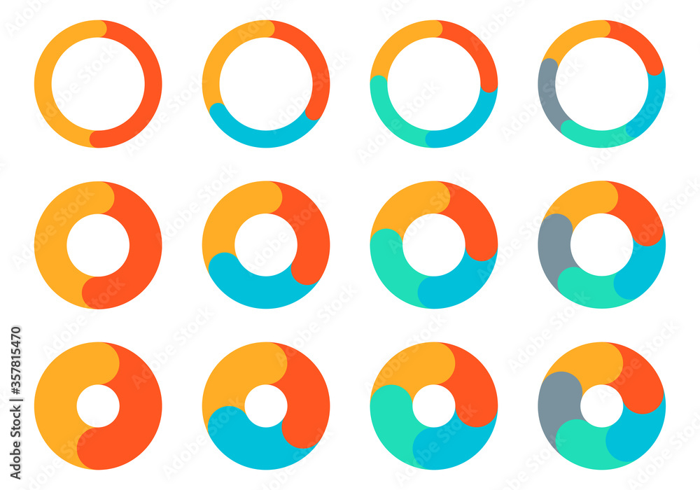 Pie chart set. Circle diagram design. Circular graph with 2, 3, 4, 5 ...