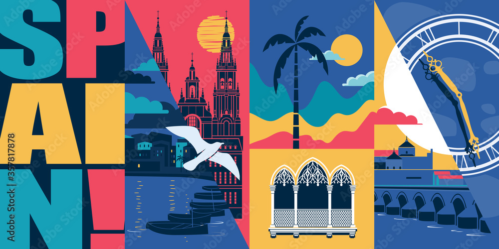 Spain vector skyline illustration, postcard. Travel to Spain modern ...