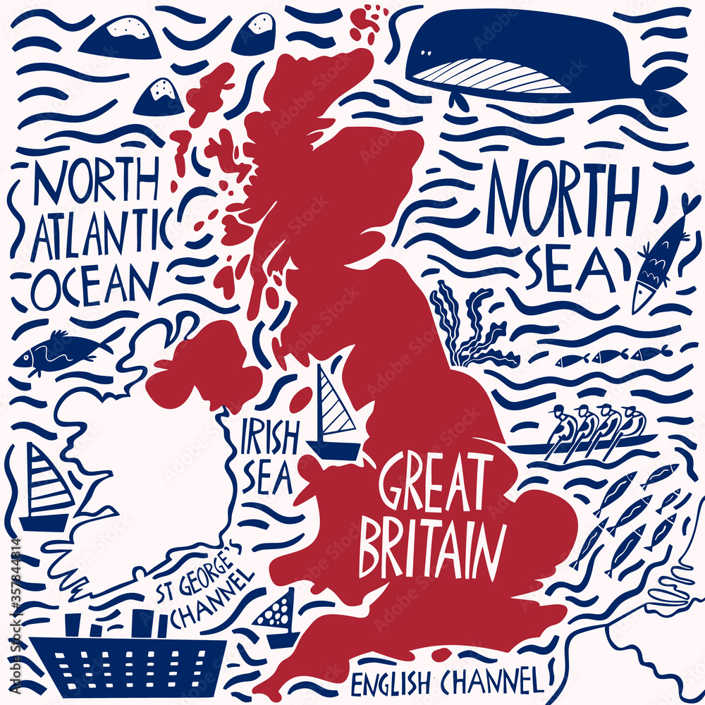 Vector hand drawn stylized map of the United Kingdom. Travel ...