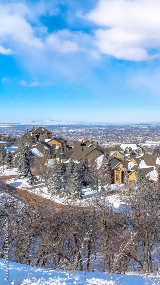 Vertical frame Wasatch Mountains in winter with homes on a neighborhood ...