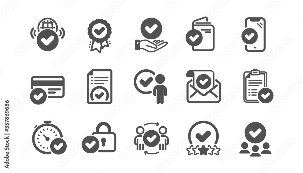 Approve icons set. Accepted document, approve verification, right ...
