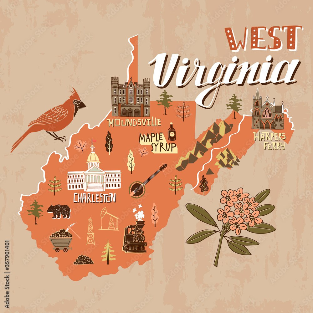Illustrated map of West Virginia state, USA. Travel and attractions ...