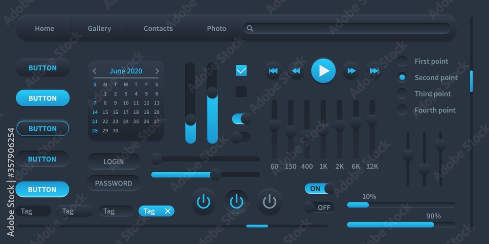 Black user interface. Modern ui elements switches, bars, power buttons ...