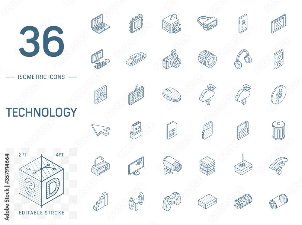 Isometric line art icon set. Vector illustration with technology ...