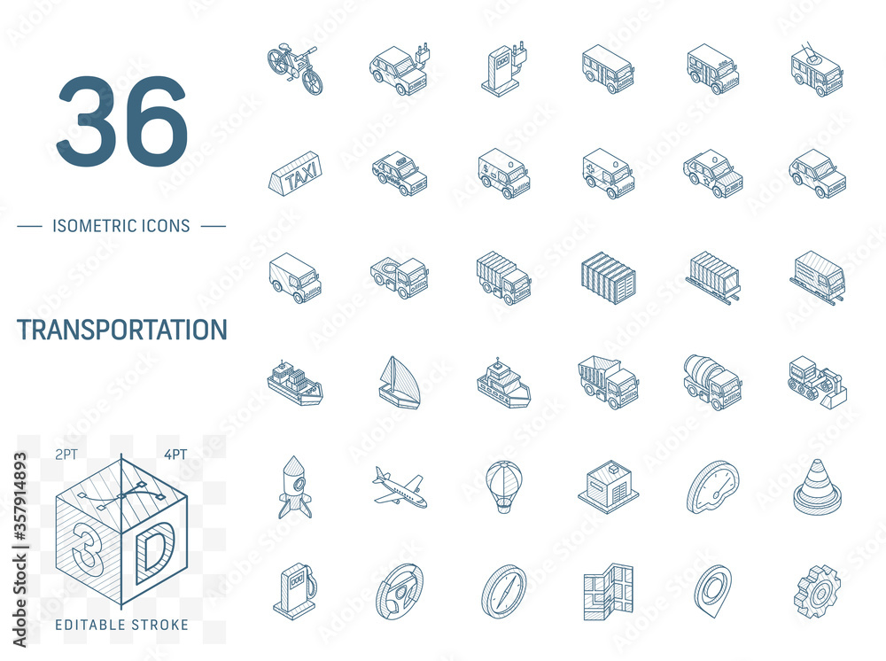 Isometric line art icon set. Vector illustration with transport ...