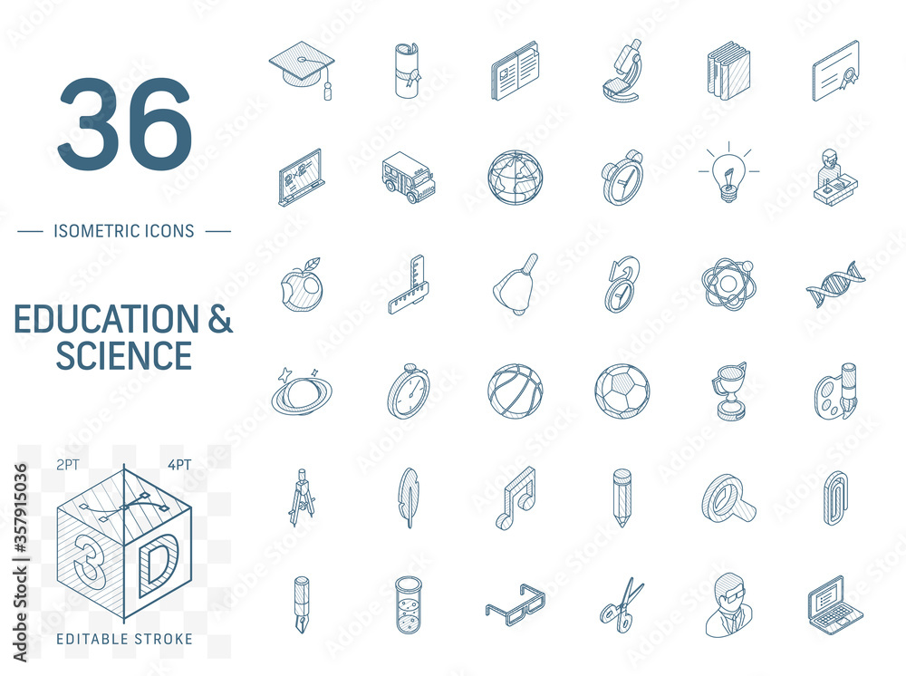 Isometric line art icon set. Vector illustration with education ...