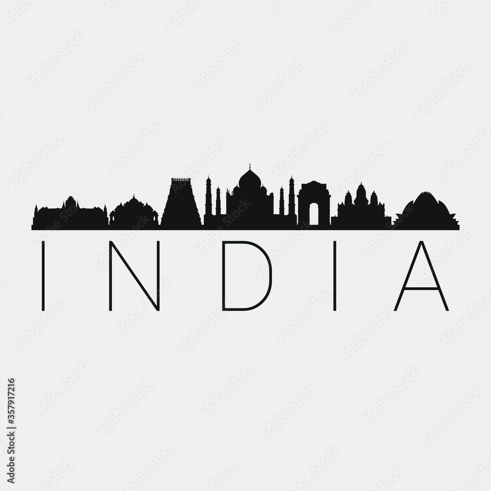 India Skyline Silhouette City. Design Vector. Famous Monuments Tourism ...