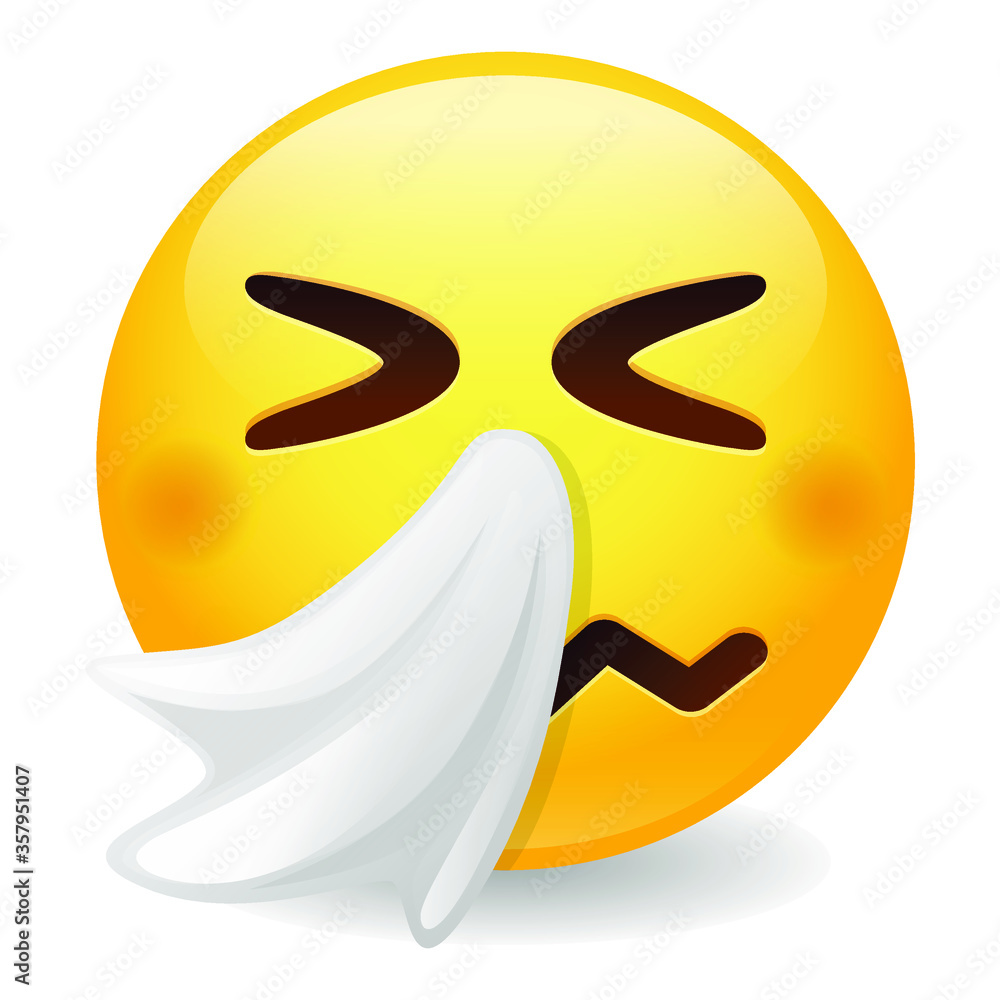 Sneezing face emoji with tissue. Face emoticon allergies. Vector design ...