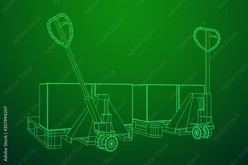 Hand pallet jack lift with pallet and stacked goods cardboard boxes ...