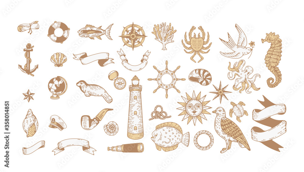 Vector de Stock nautical illustration vector clip art set. engraved ...