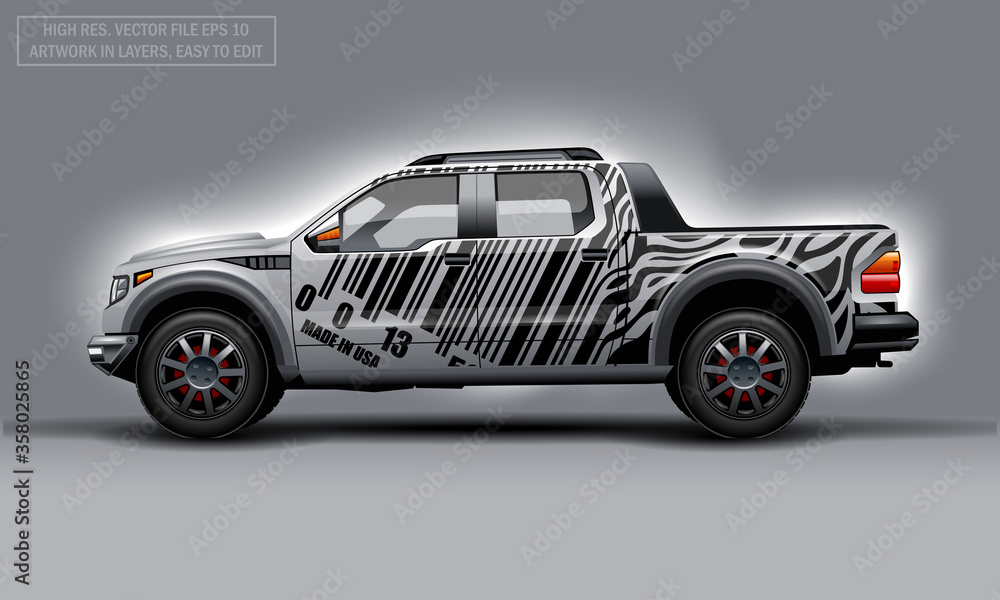 Vektor Stok Editable template for wrap SUV with bar code lines decal ...