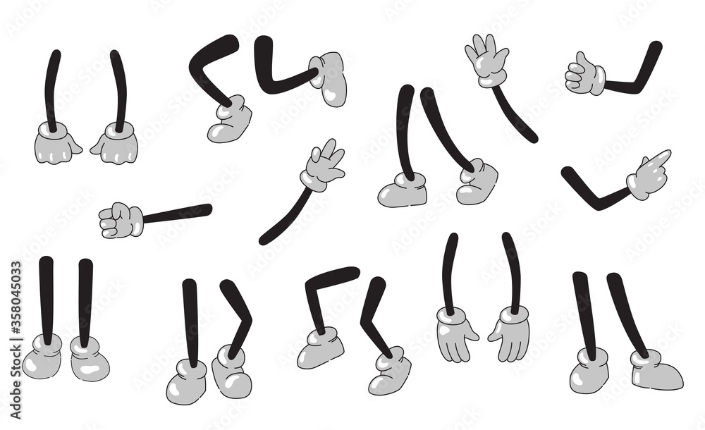 Cartoon arms and legs set. Cute palms in gloves showing different ...