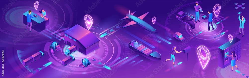 Isometric delivery service with truck, horizontal banner, smart ...