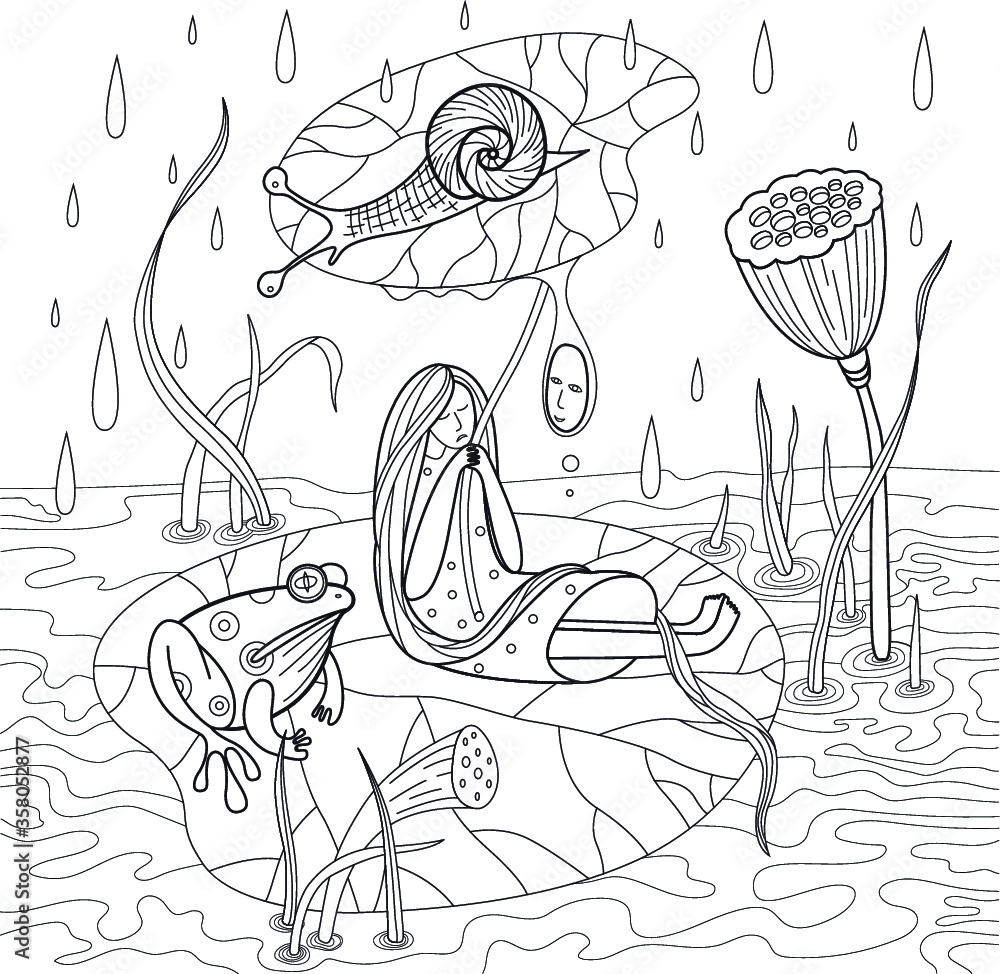 Coloring page with Sad sitting Girl with huge leaf, frog and snail ...