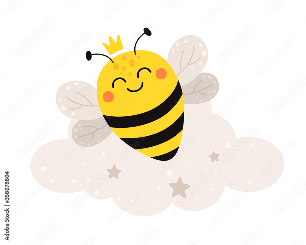 Cute little princess bee sleeping on a cloud. Vector illustration in ...