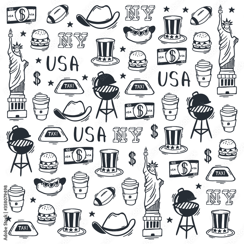 USA Hand draw doodle background. United States Of America popular ...