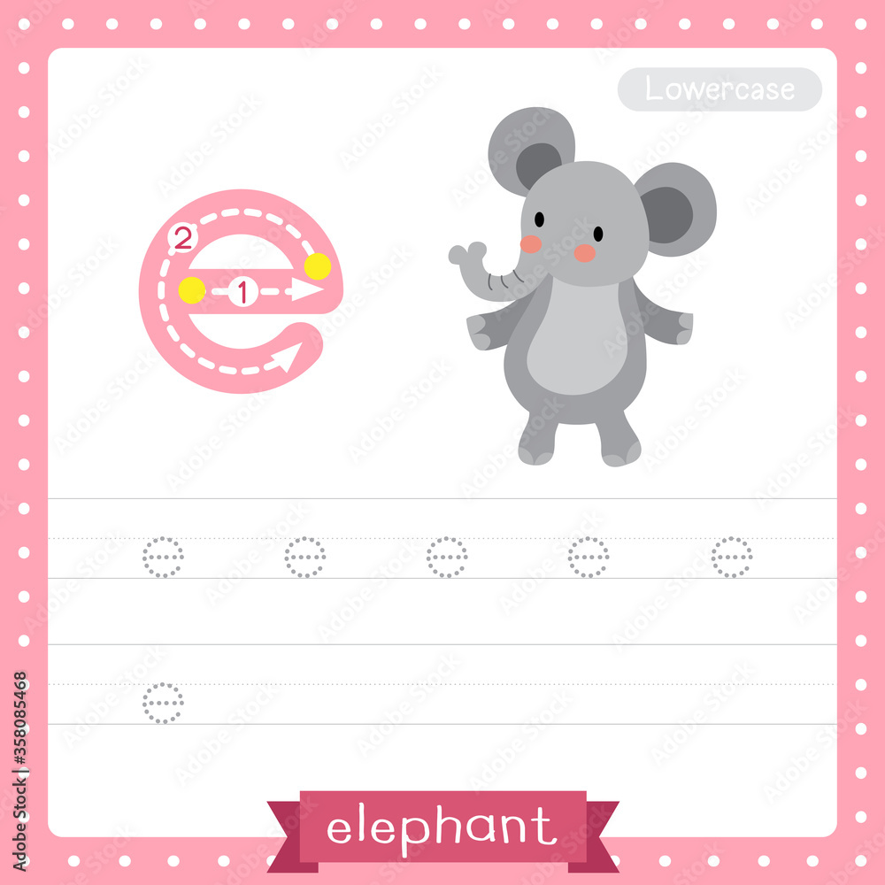 Letter E lowercase tracing practice worksheet. Elephant standing on two ...