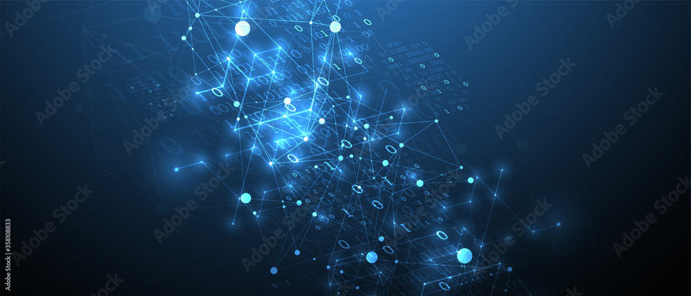 Technology background with plexus effect. Big data concept. Binary computer code. Vector ...