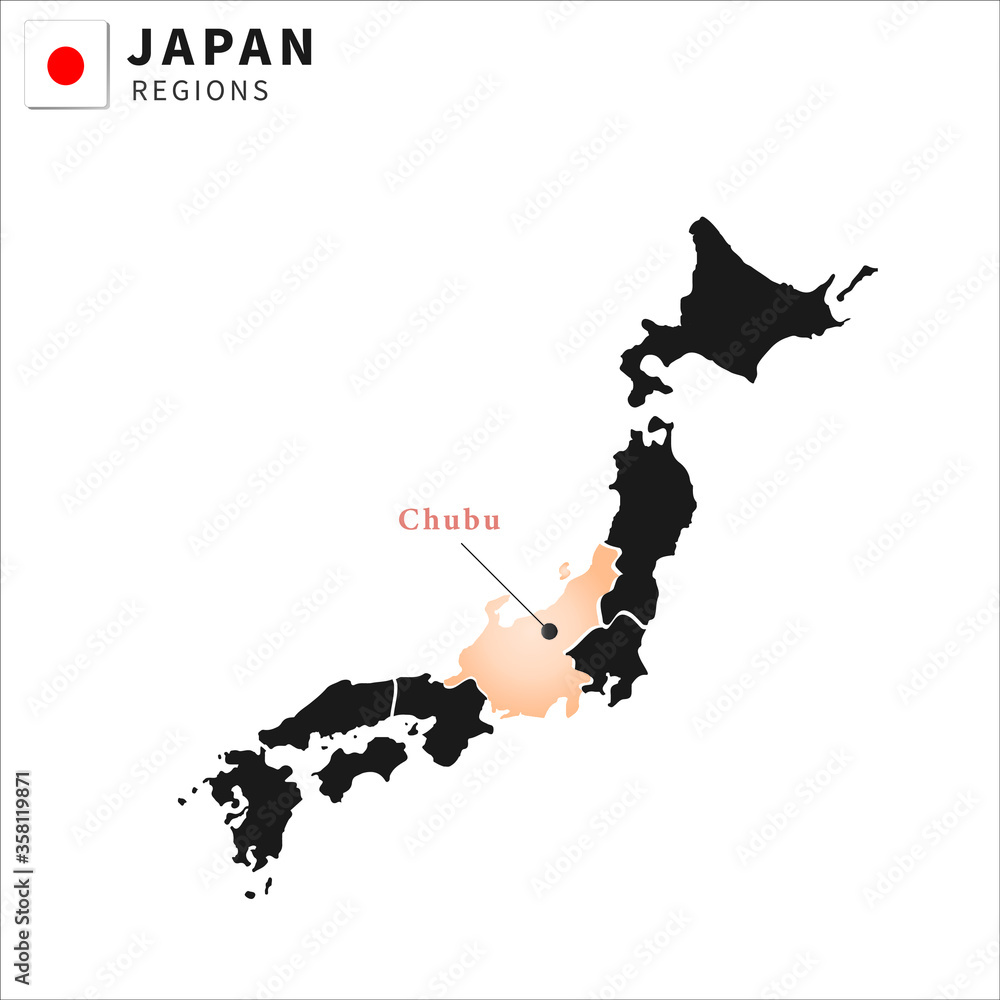 Vector Illustration of each japan region prefecture Chubu, white ...