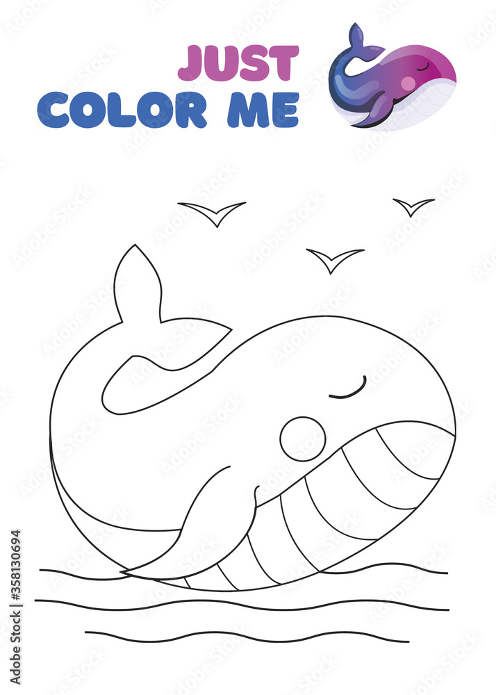 Cute fantasy coloring page with whale in the sea. Black and white ...