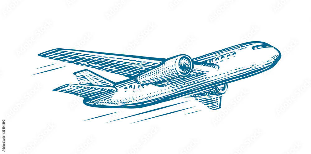 Flying airplane sketch. Air transportation, airline, retro plane vector ...