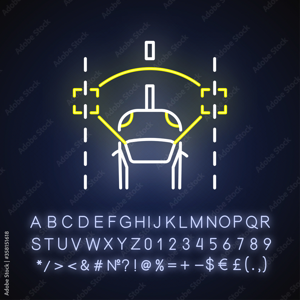Lane keeping assist neon light icon. Modern safety driving technology ...