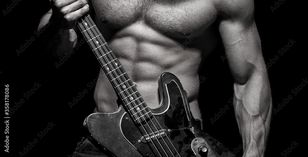 Play the guitar. Torso man. Chest muscles, Six pack, ab, triceps ...