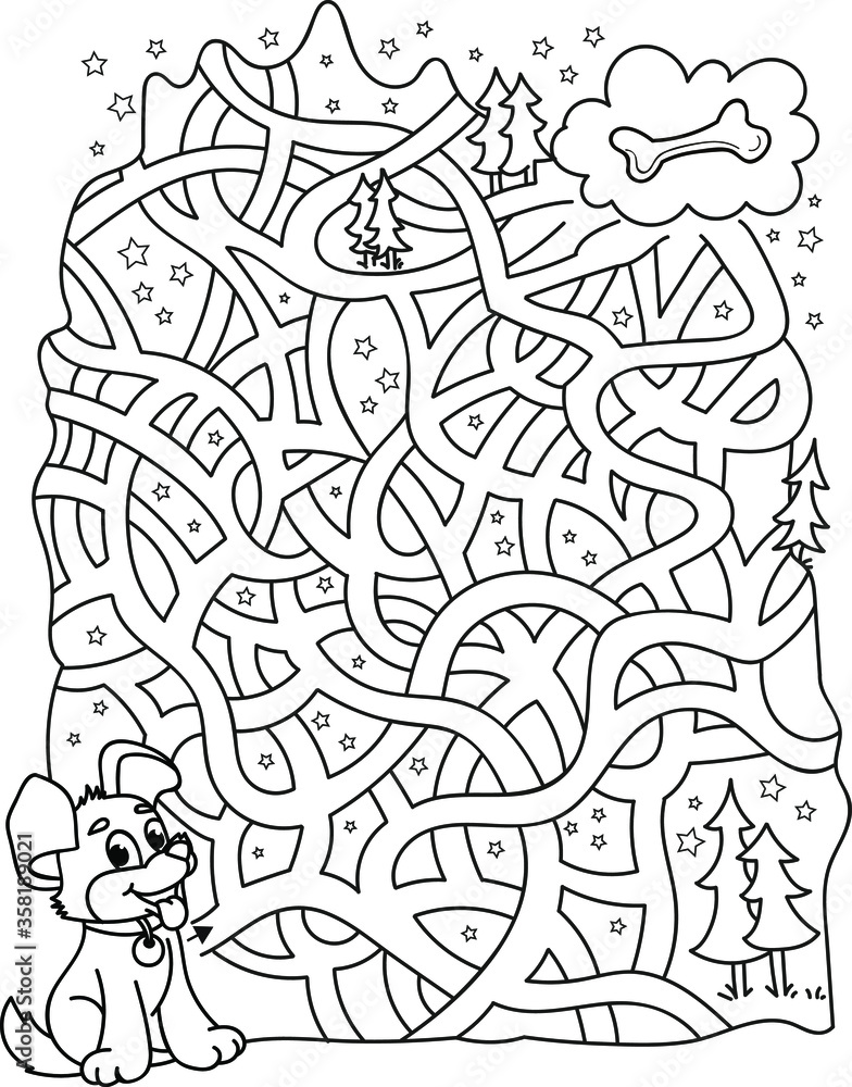 Help the dog to find his bone. Coloring page outline of the cartoon ...