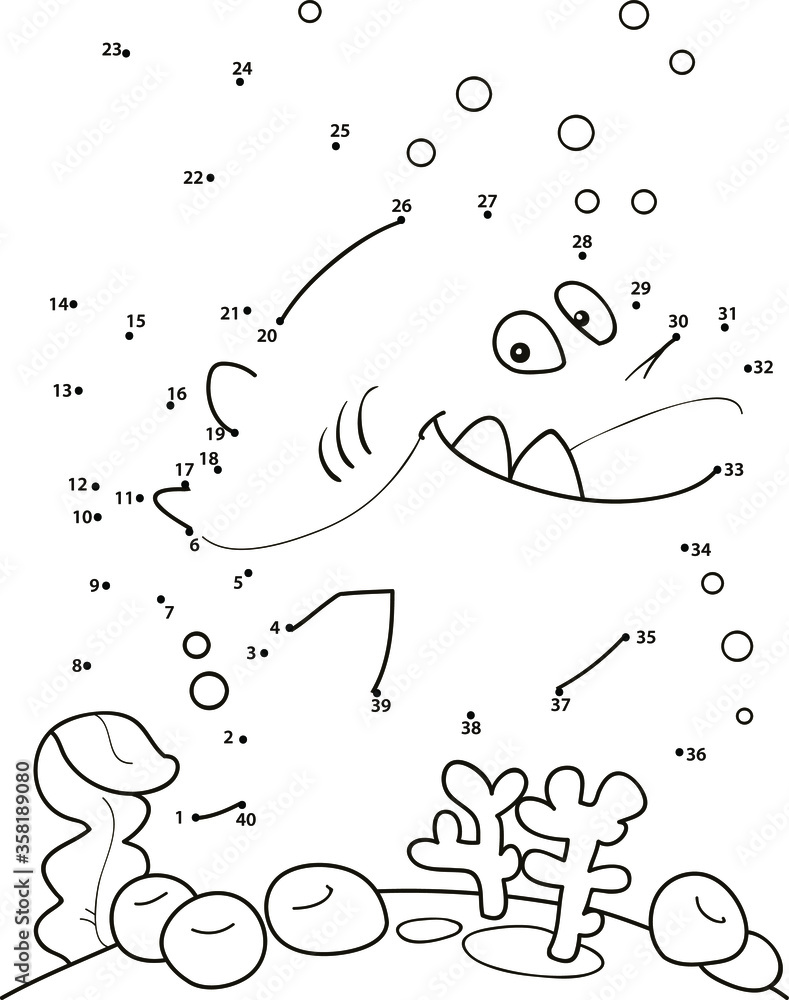 Connect the dots. Shark. Coloring page outline of the cartoon numbers ...