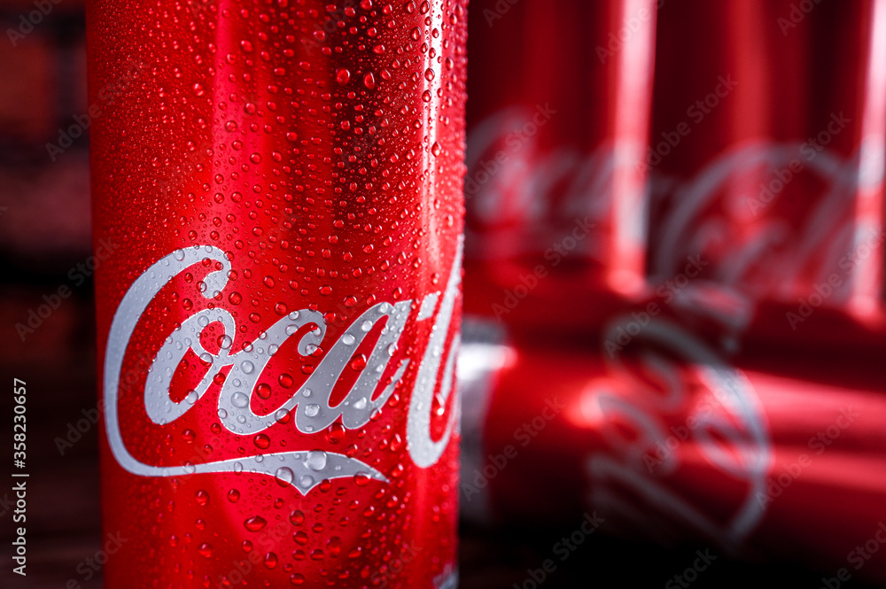 A can, tin of fresh Coca Cola drink with brick wall backround. Coca ...