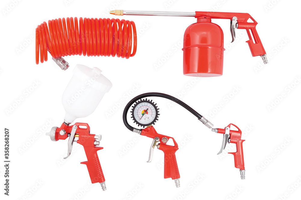 Tire inflator, air hose, spray gun, blow gun, sandblasting gun isolated ...