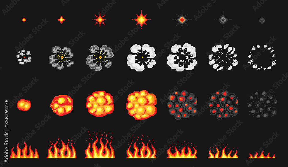 Pixel art 8 bit fire objects. Nuclear explosion. Game icons set. Comic ...