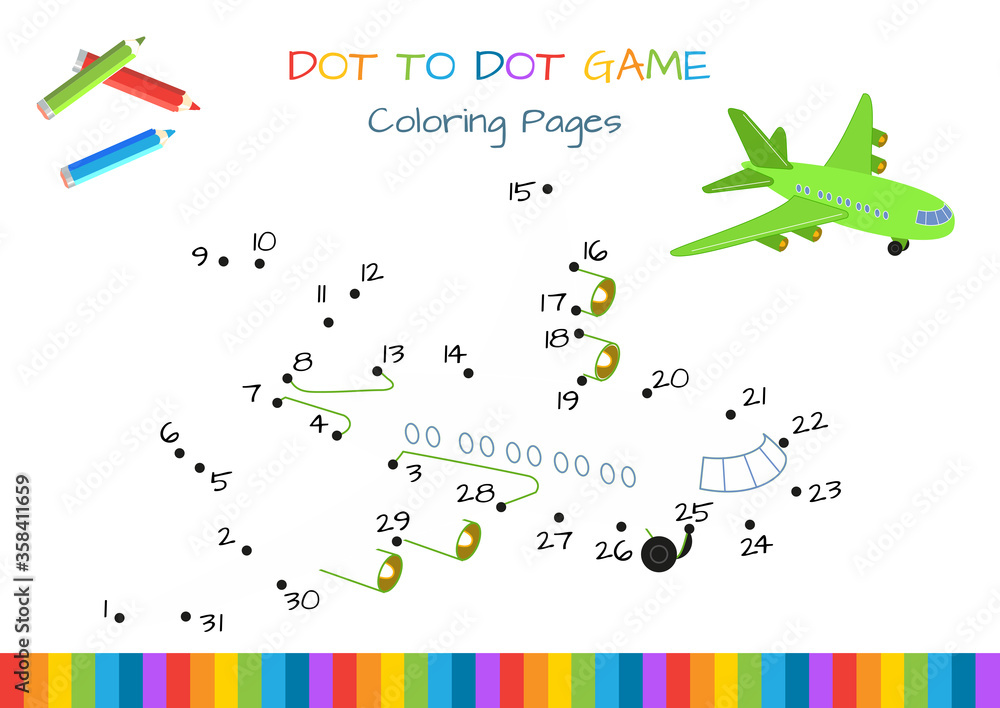 Drawing for coloring: airplane. Numbers game, education dot to dot game ...