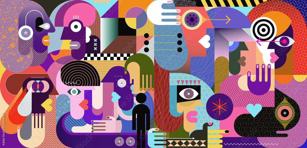 Modern abstract art graphic illustration with ten different persons ...