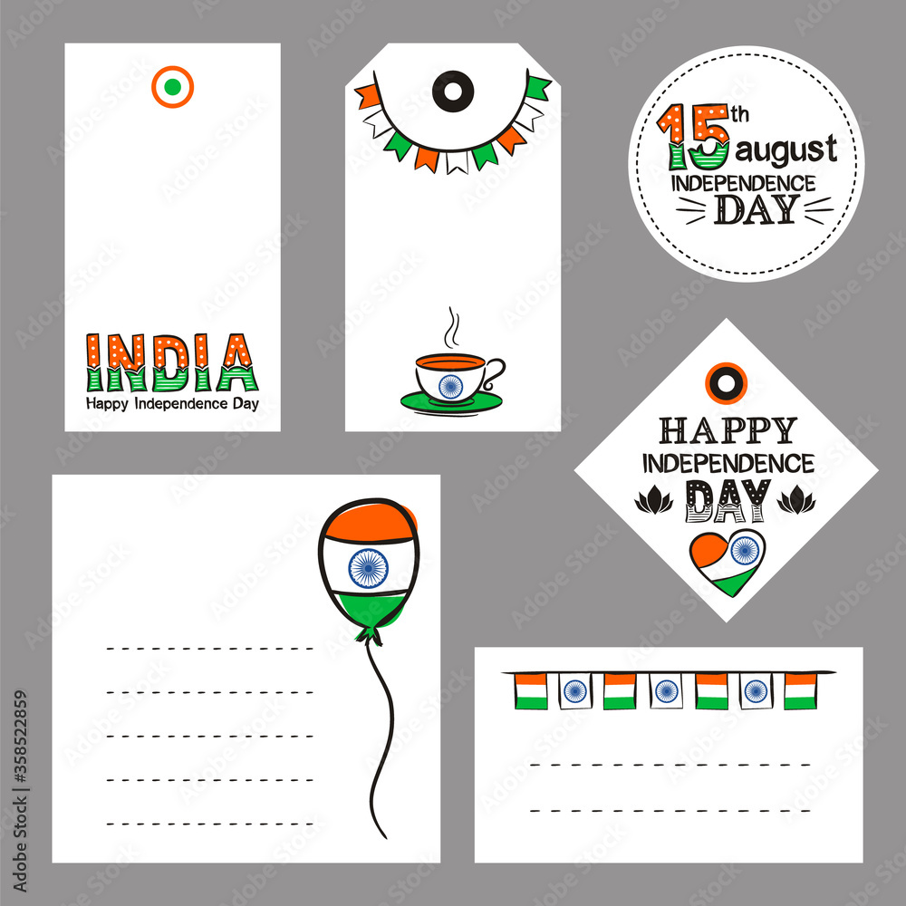 Set of tags and stickers for Indian Independence Day. Labels with hand ...