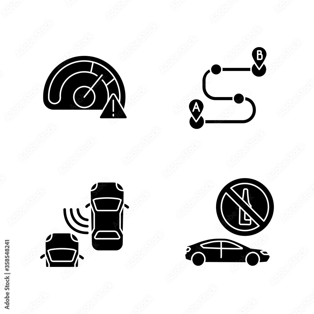 Driving risks black glyph icons set on white space. Traffic dangers and ...