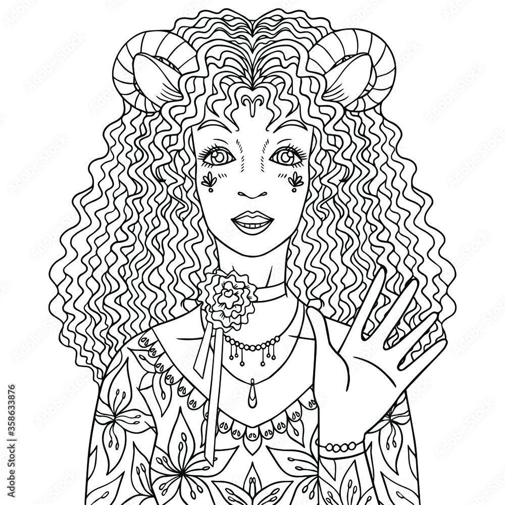 Coloring page. Outline picture of girl portrait with curly hair as ...