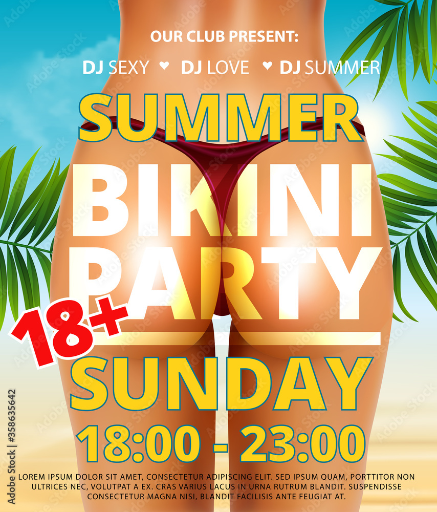 Summer beach bikini or pool party flyer with pretty realistic young sexy woman bottom and erotic ...
