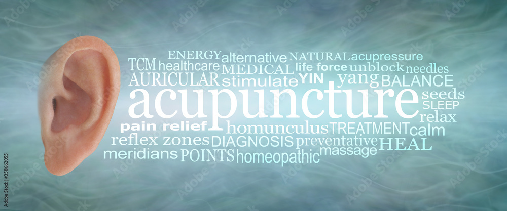 Ear Acupuncture Word Cloud banner - human ear isolated on left with an ...