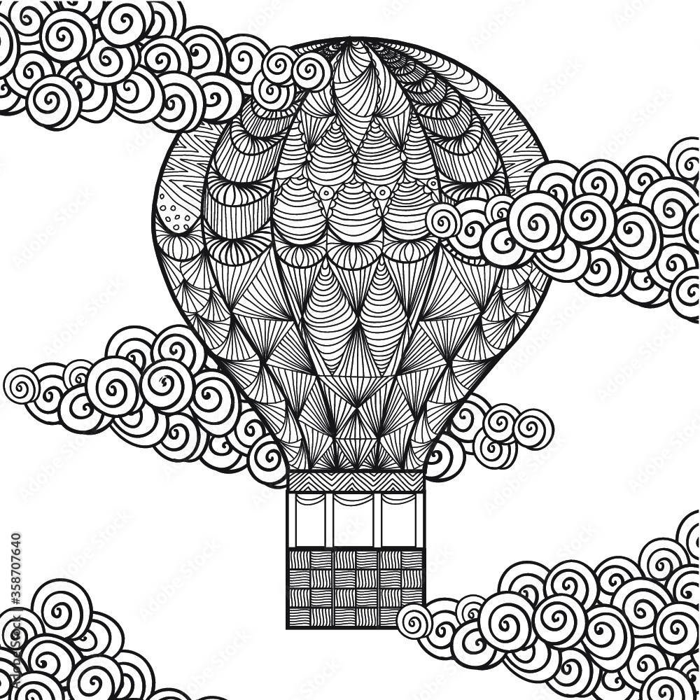 Hand drawn adult coloring page air balloon in clouds isolated on white ...