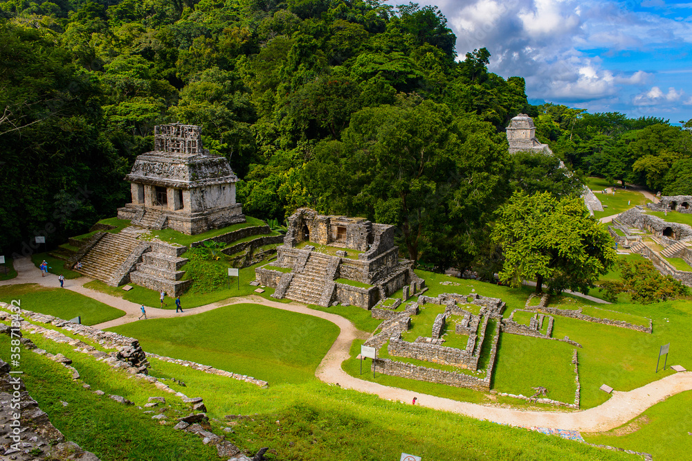 Aerial Panorama of Palenque archaeological site, a pre-Columbian Maya ...