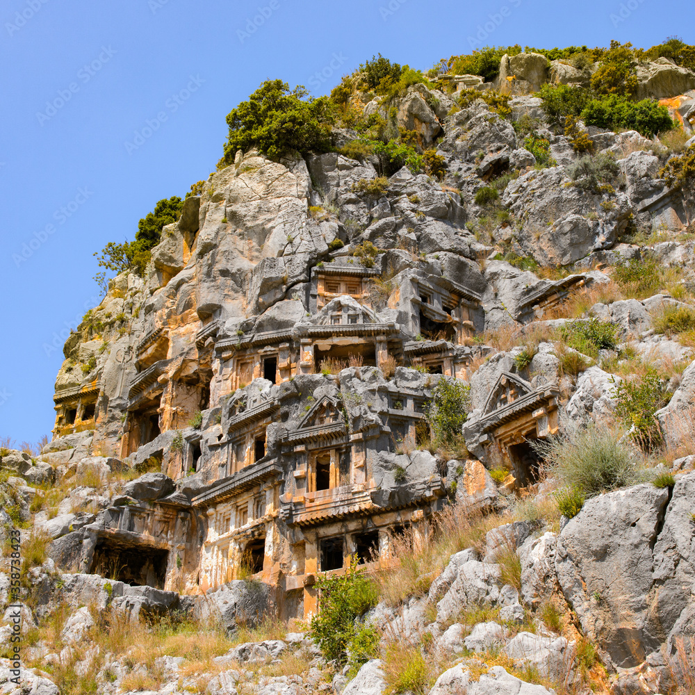 It's Ancient rock cut tombs of the Lycian necropolis, Myra, Turkey ...