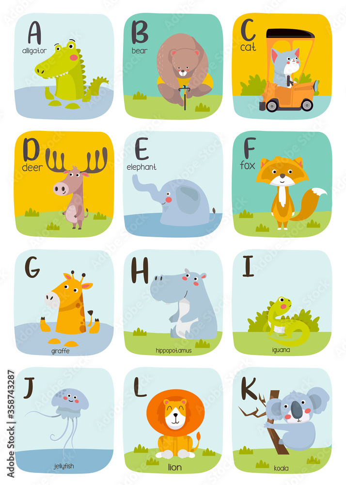 Cute Animal alphabet Vector illustration. Alphabet printable flashcards ...